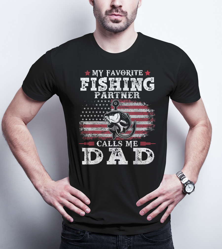 My Favorite Fishing Partner Calls Me Dad American Flag Fish Anchor T-Shirt