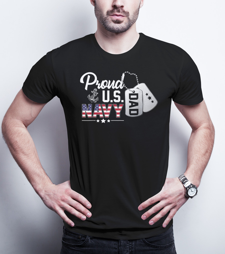 Proud U.S. Navy Dad Military Pride Dog Tags Anchor Stars T-Shirt