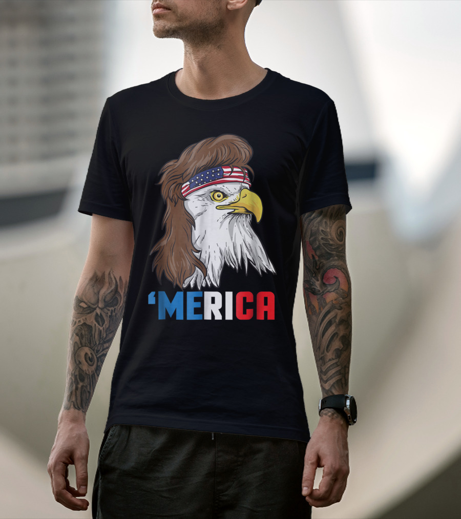 'Merica Patriotic Mullet Eagle With American Flag Headband T-Shirt