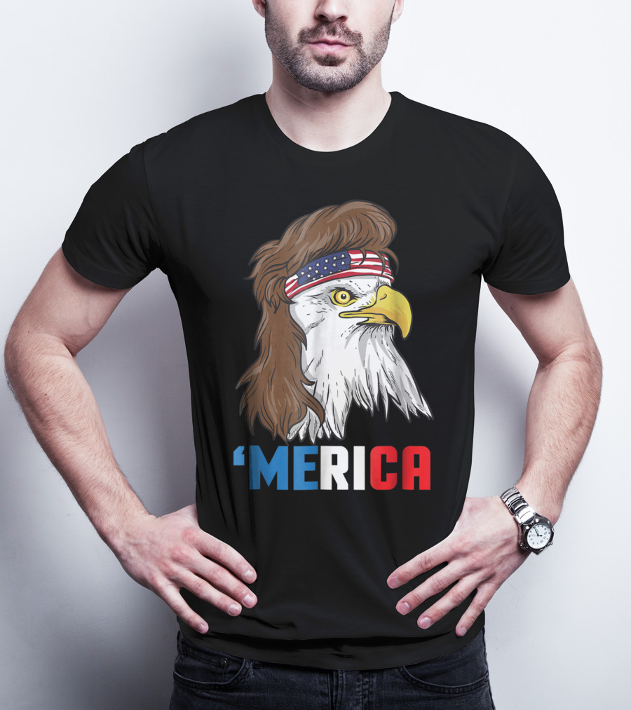 'Merica Patriotic Mullet Eagle With American Flag Headband T-Shirt