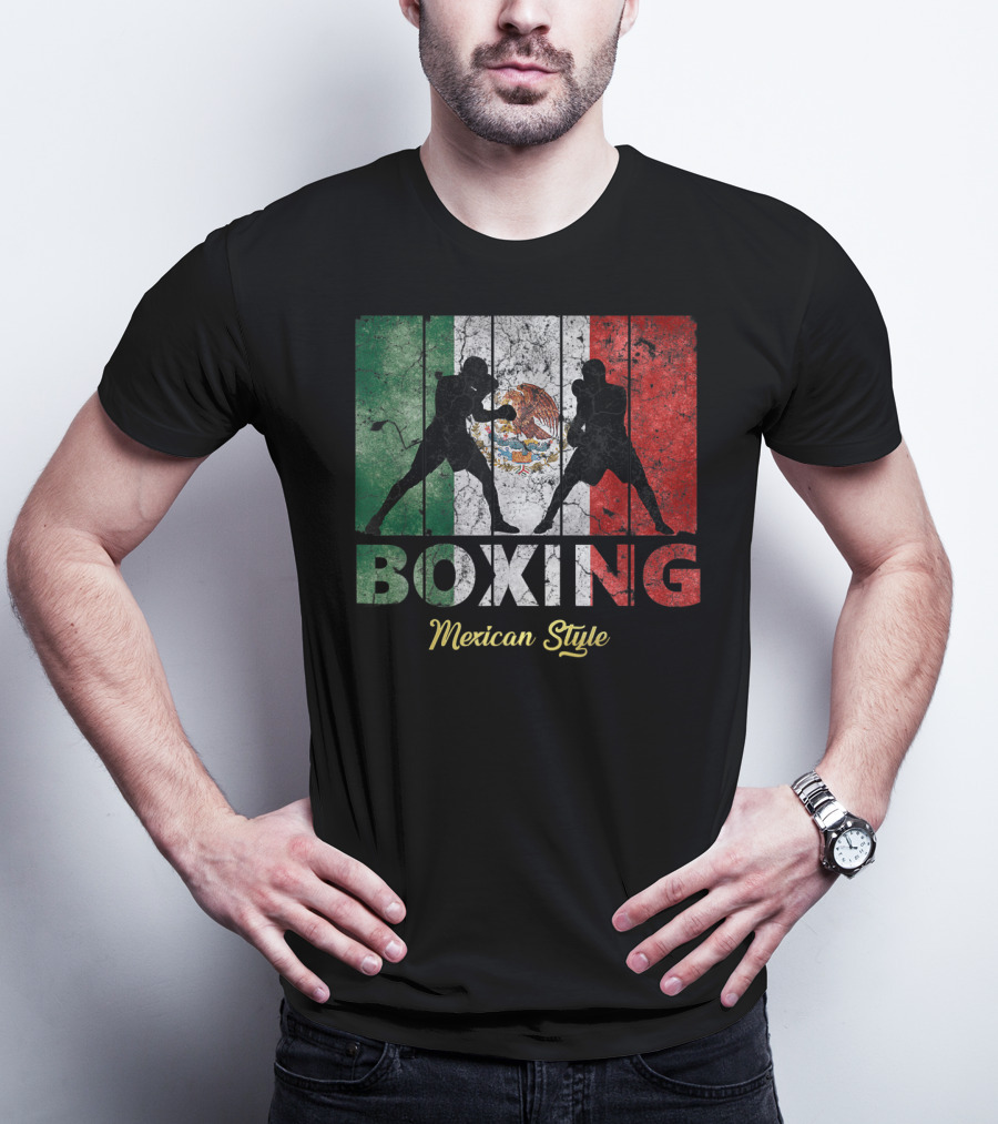 Mexican Vintage Style Boxing With Great Boxing Silhouettes And Flag Background T-Shirt
