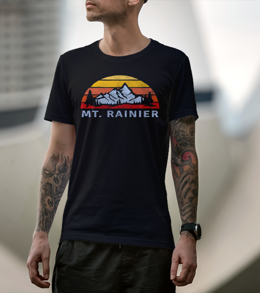 Mt. Rainier Retro Sunset With Mountain And Trees T-Shirt