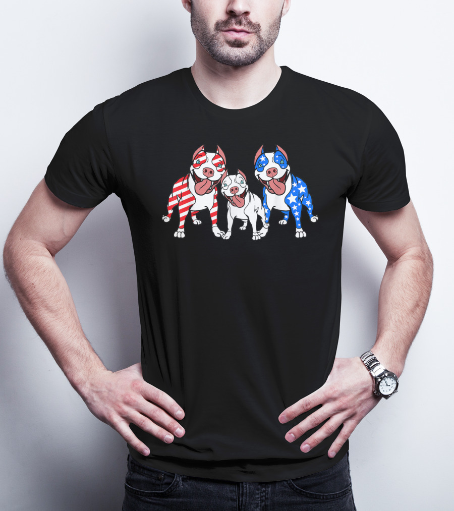 Pitbulls American Flag Red White Blue Patriotic T-Shirt