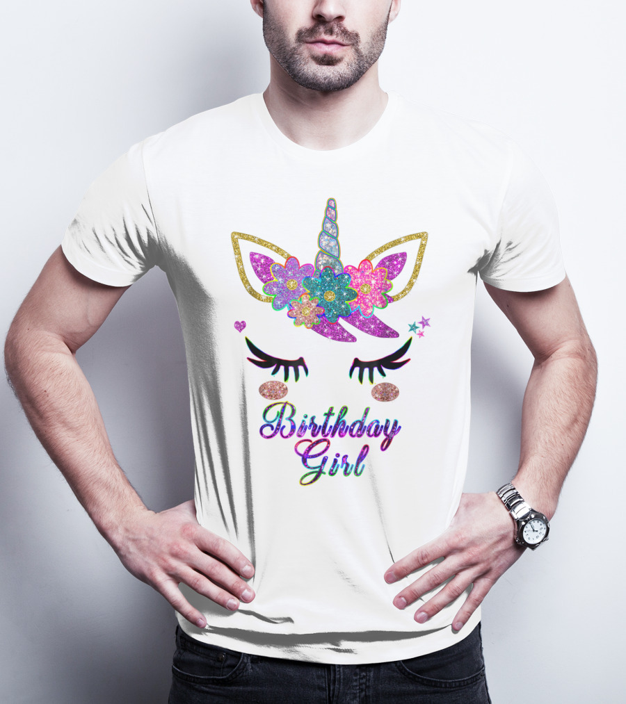Rainbow Glitter Unicorn Birthday Girl Flowers Stars T-Shirt