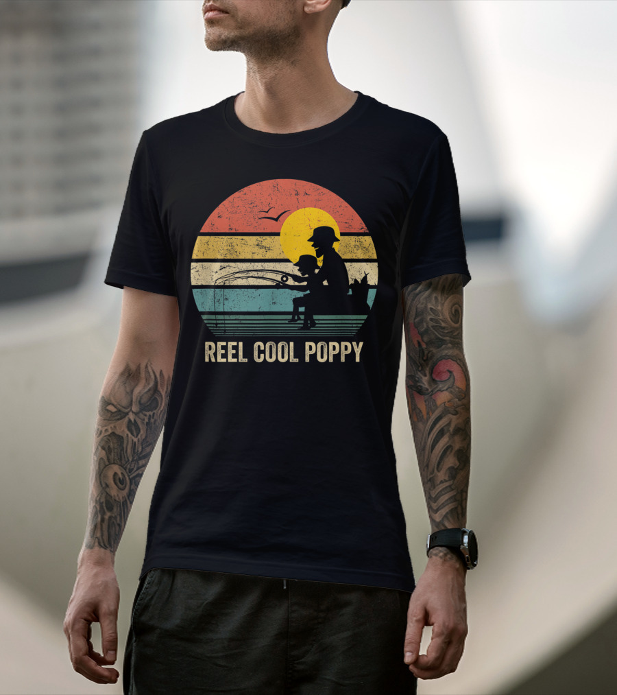 Reel Cool Poppy Vintage Fisherman Father's Retro Style Sun T-Shirt