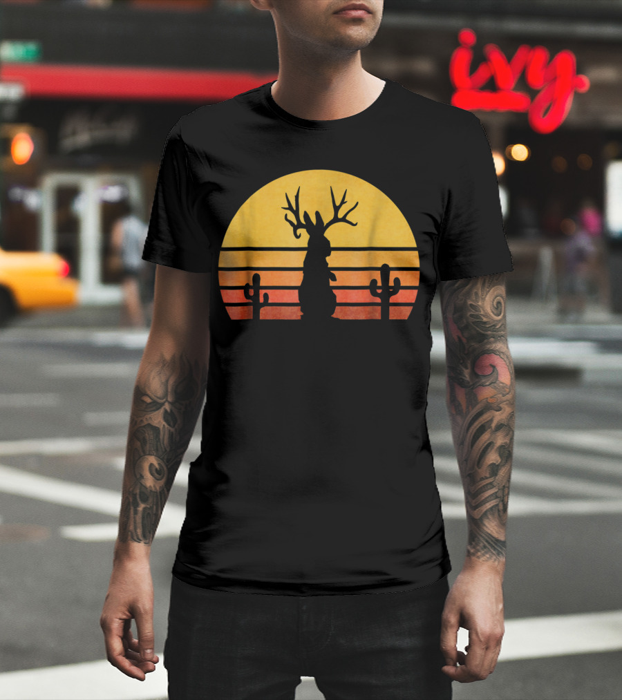 Retro Eighties Sunset Jackalope Silhouette With Cactus Vintage Cryptid T-Shirt