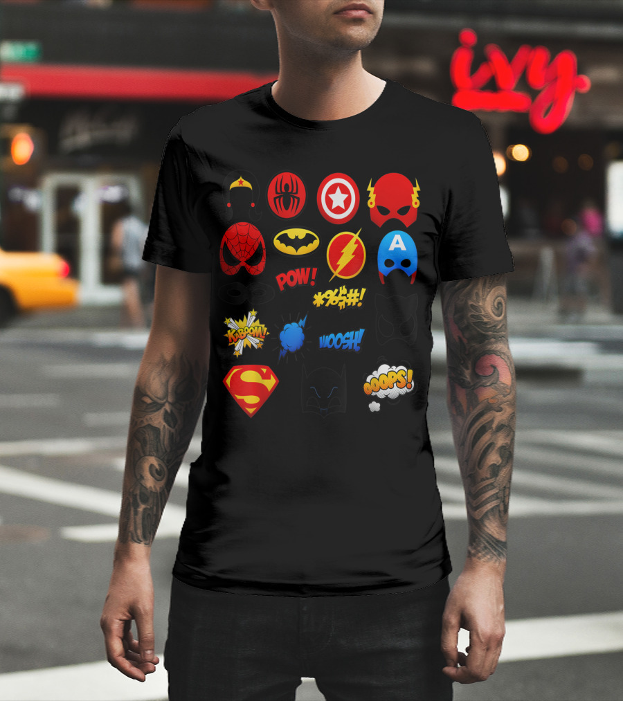 Superheroes Icons Spider Captain Batman Flash Wonder Emoji KABOOM POW OOOOPS Super T-Shirt