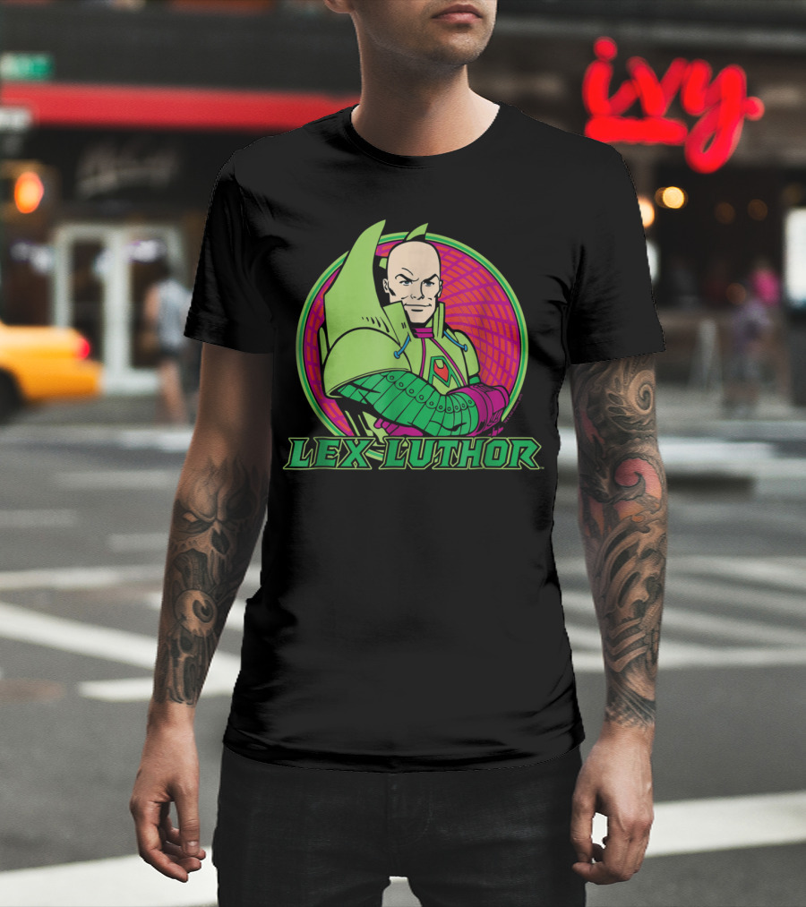 Lex Luthor Iconic Supervillain Style In Bold Green And Pink Armored Suit T-Shirt