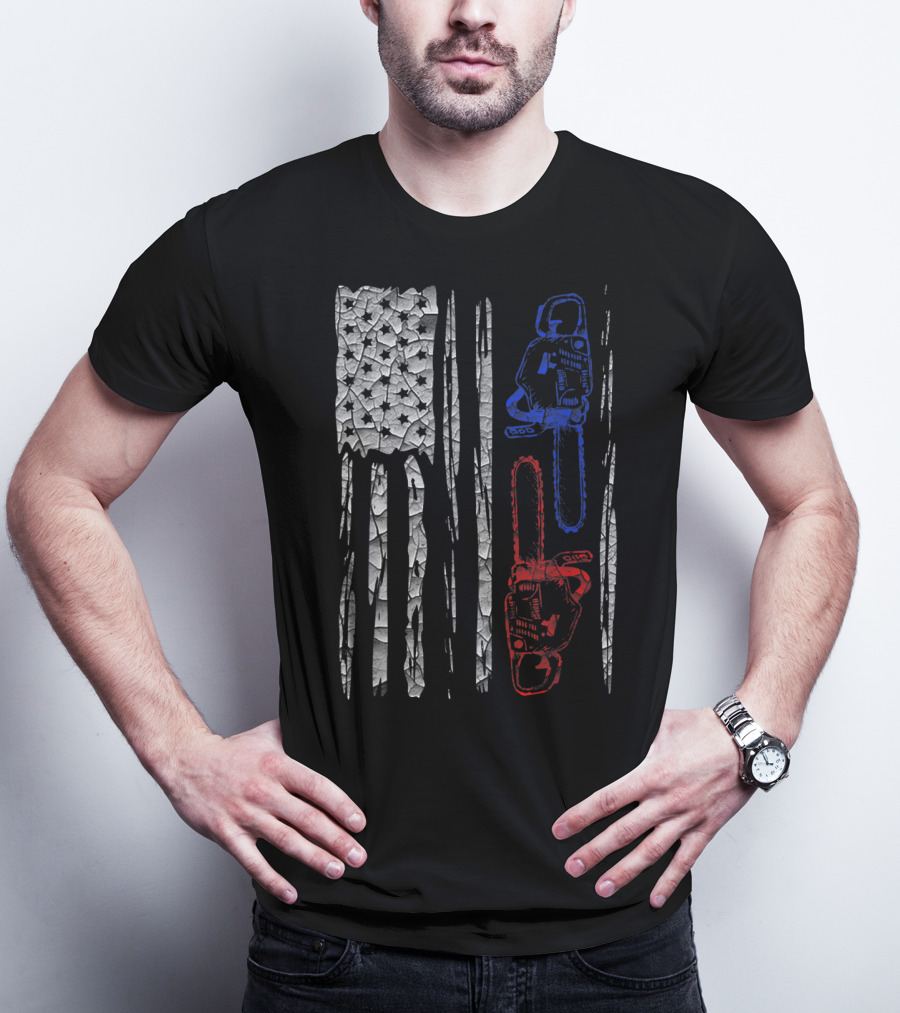 US FLAG CHAINSAW Lumberjack Logger Lumber Patriotic Chainsaws T-Shirt