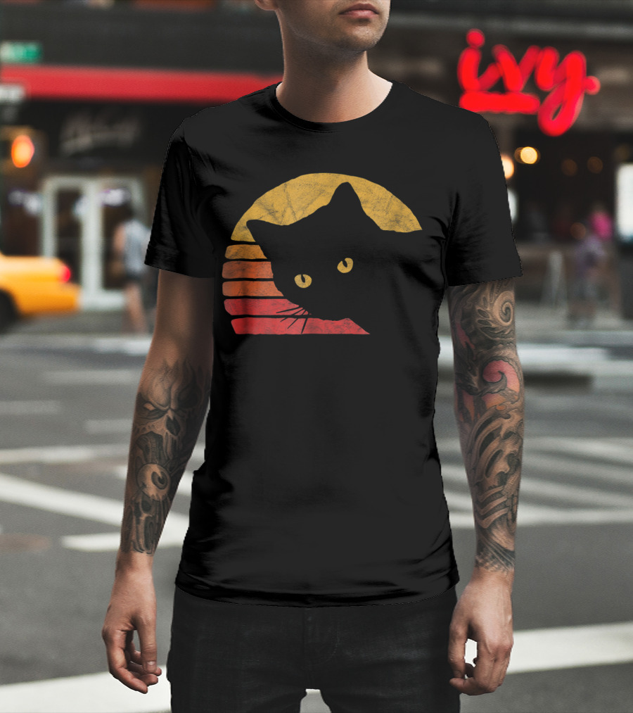 Vintage Eighties Style Cat Distressed Silhouette Retro Sunset T-Shirt