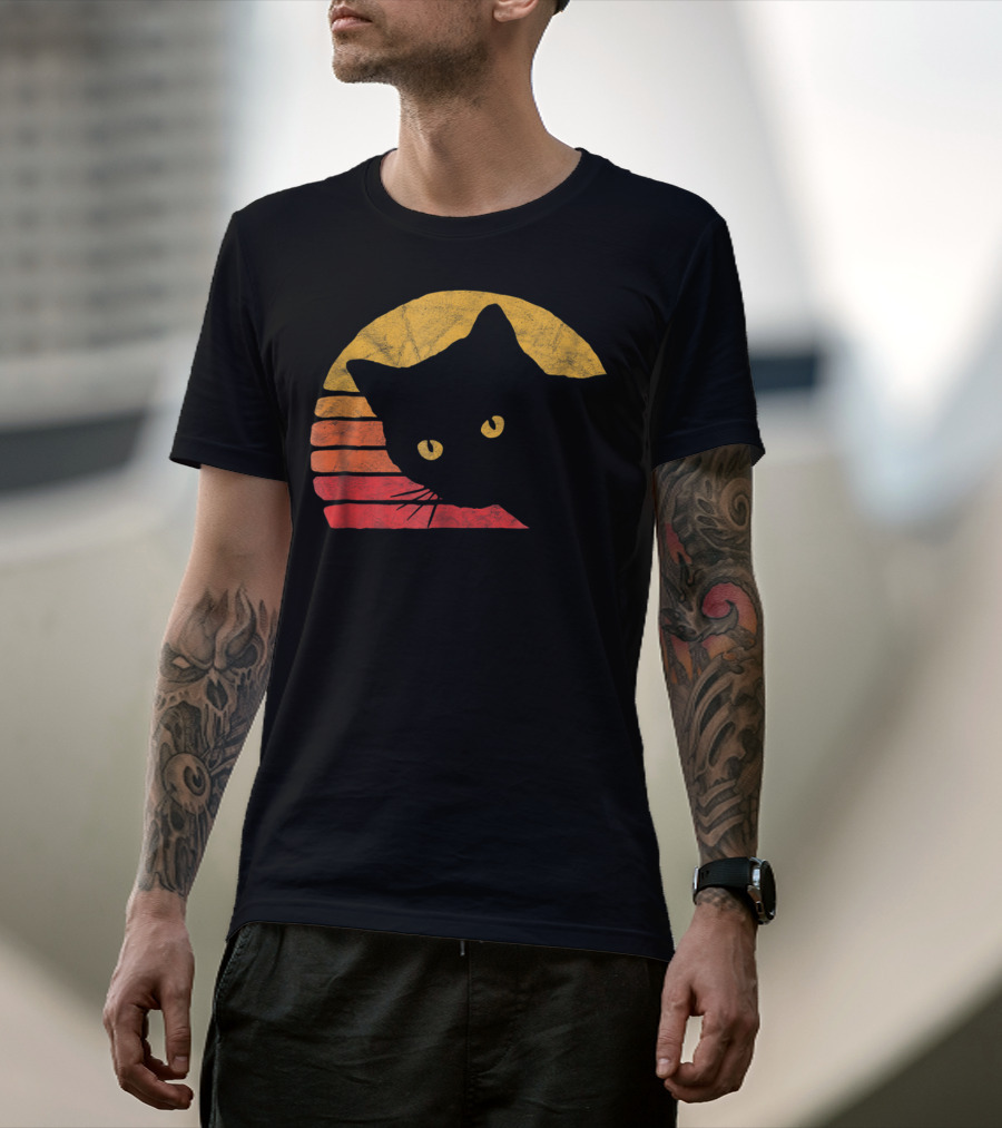 Vintage Eighties Style Cat Distressed Silhouette Retro Sunset T-Shirt