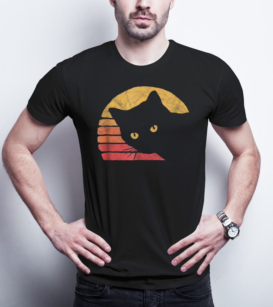 Vintage Eighties Style Cat Distressed Silhouette Retro Sunset T-Shirt