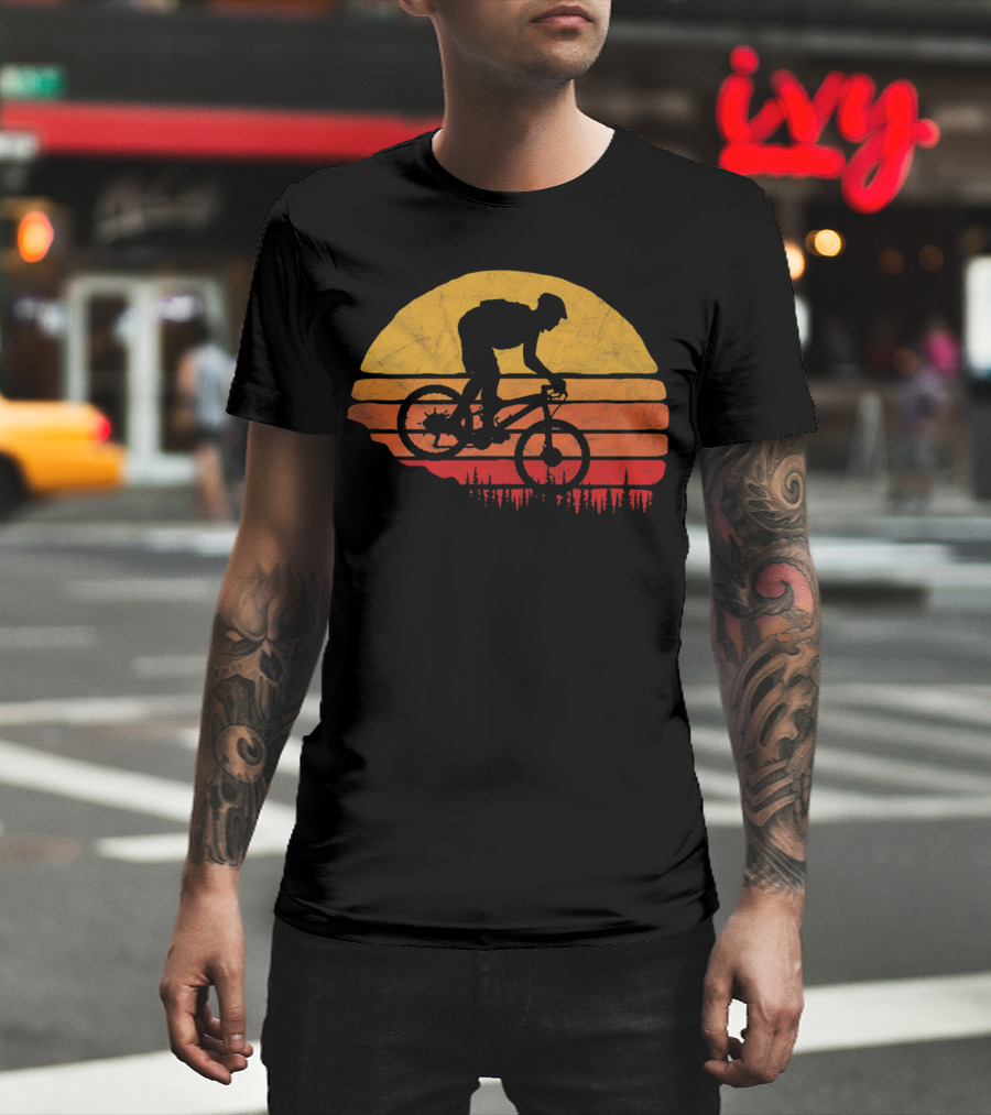 Vintage Mountain Biking Sunset Silhouette Forest Trail T-Shirt