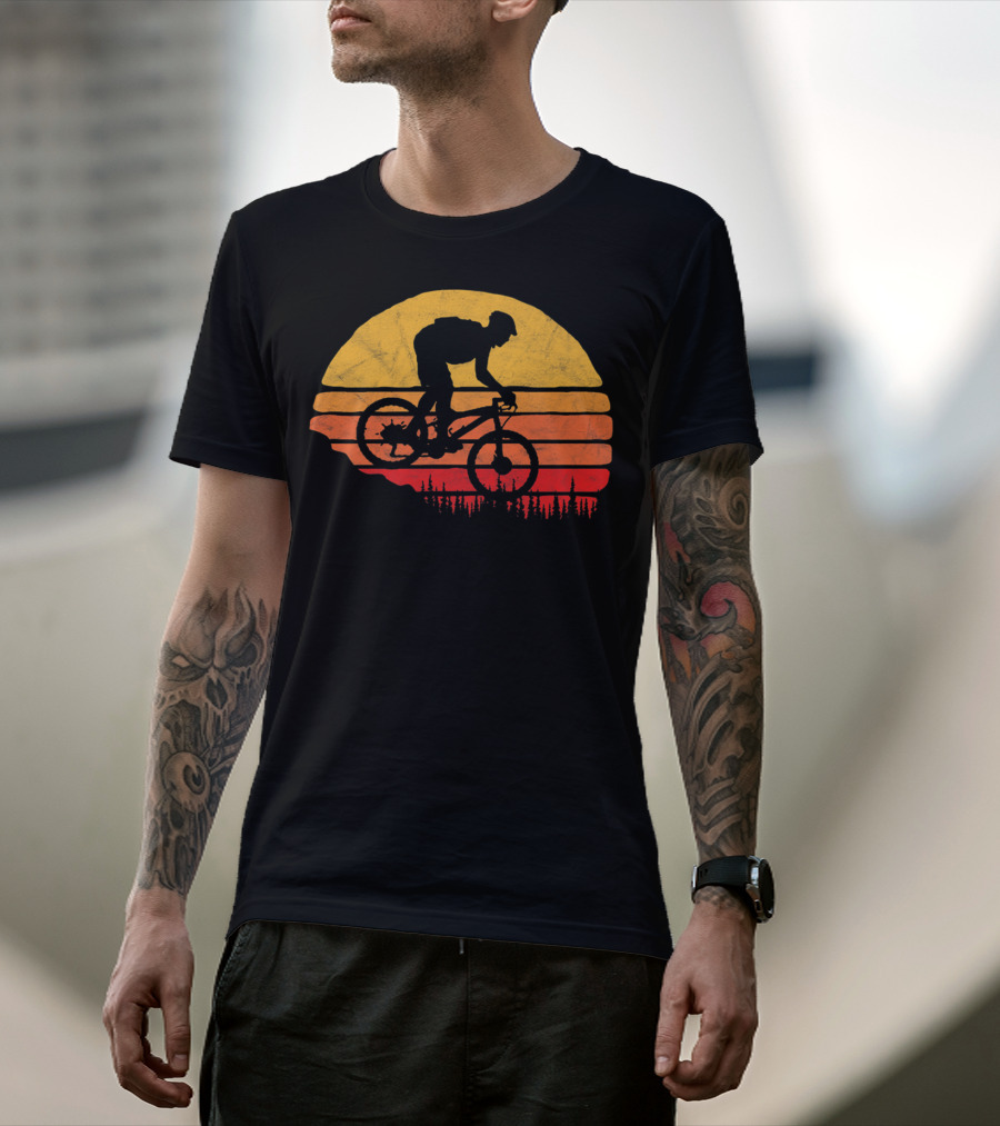 Vintage Mountain Biking Sunset Silhouette Forest Trail T-Shirt