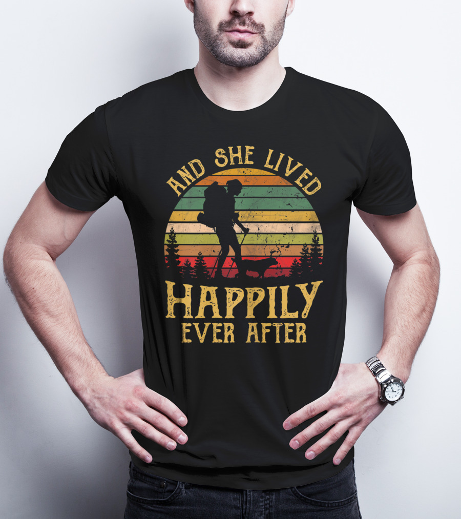 And She Lived Happily Ever After Hiking Vintage Sunset Forest T-Shirt