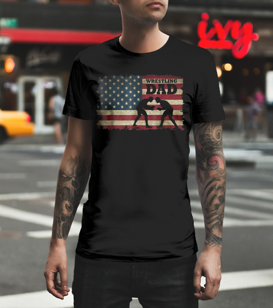 Wrestling Dad American Flag T-Shirt