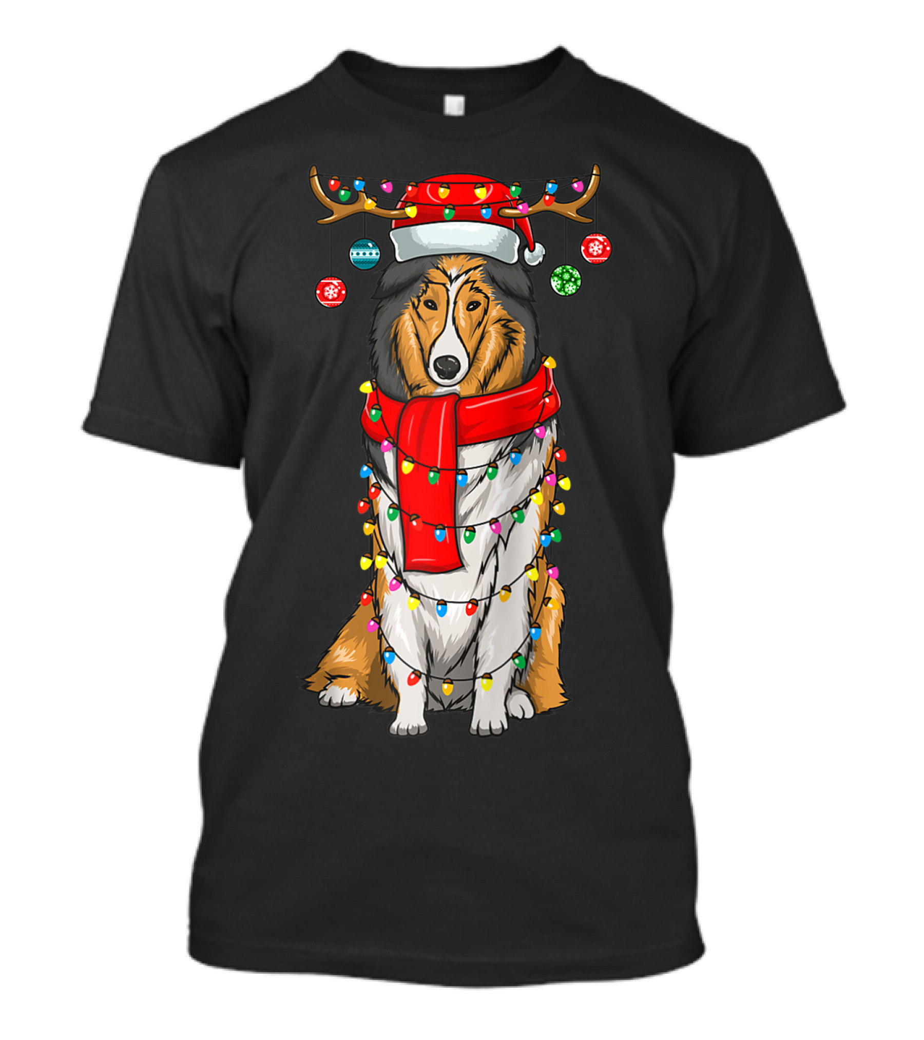 Christmas Cute Collie Dog Wrapped In Holiday Lights With Santa Hat And Antlers T-Shirt
