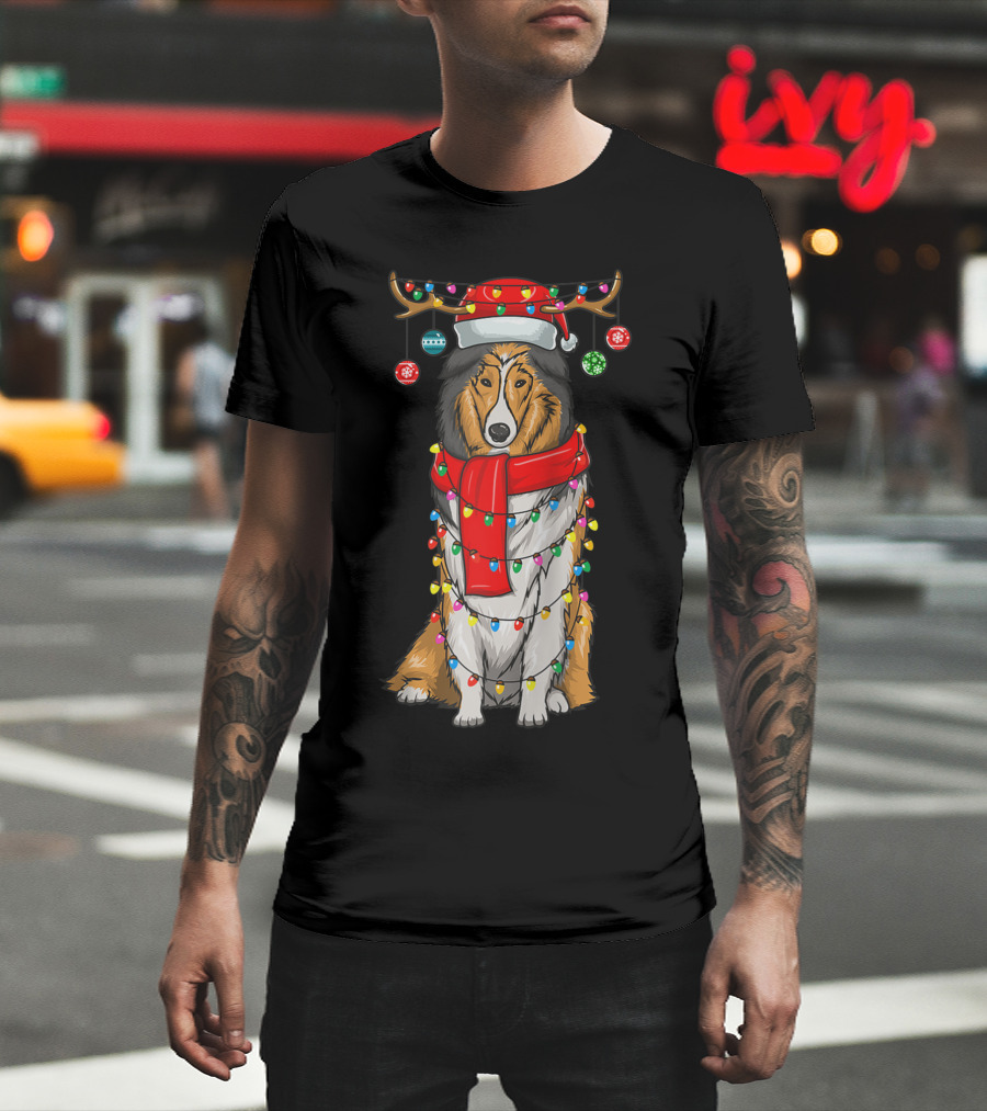 Christmas Cute Collie Dog Wrapped In Holiday Lights With Santa Hat And Antlers T-Shirt
