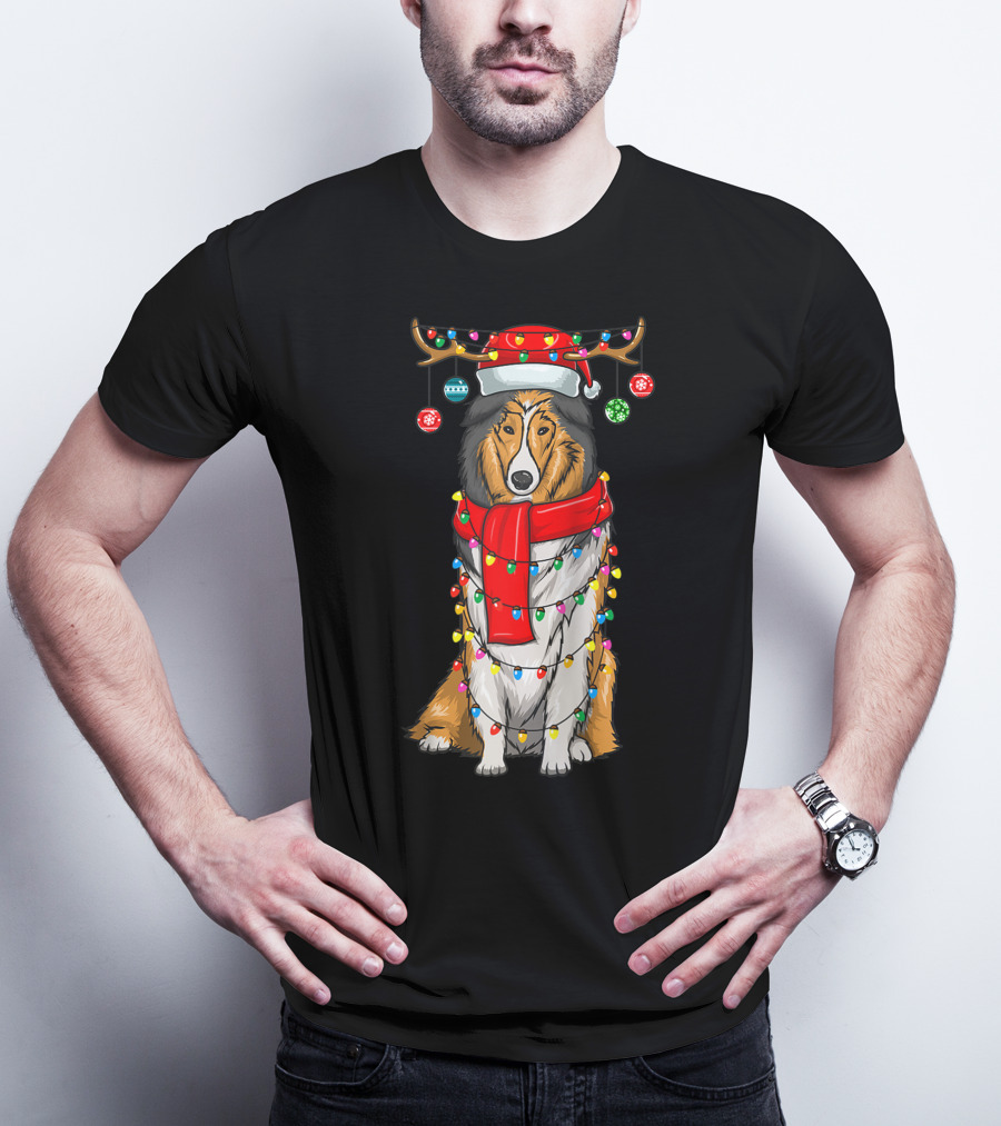 Christmas Cute Collie Dog Wrapped In Holiday Lights With Santa Hat And Antlers T-Shirt