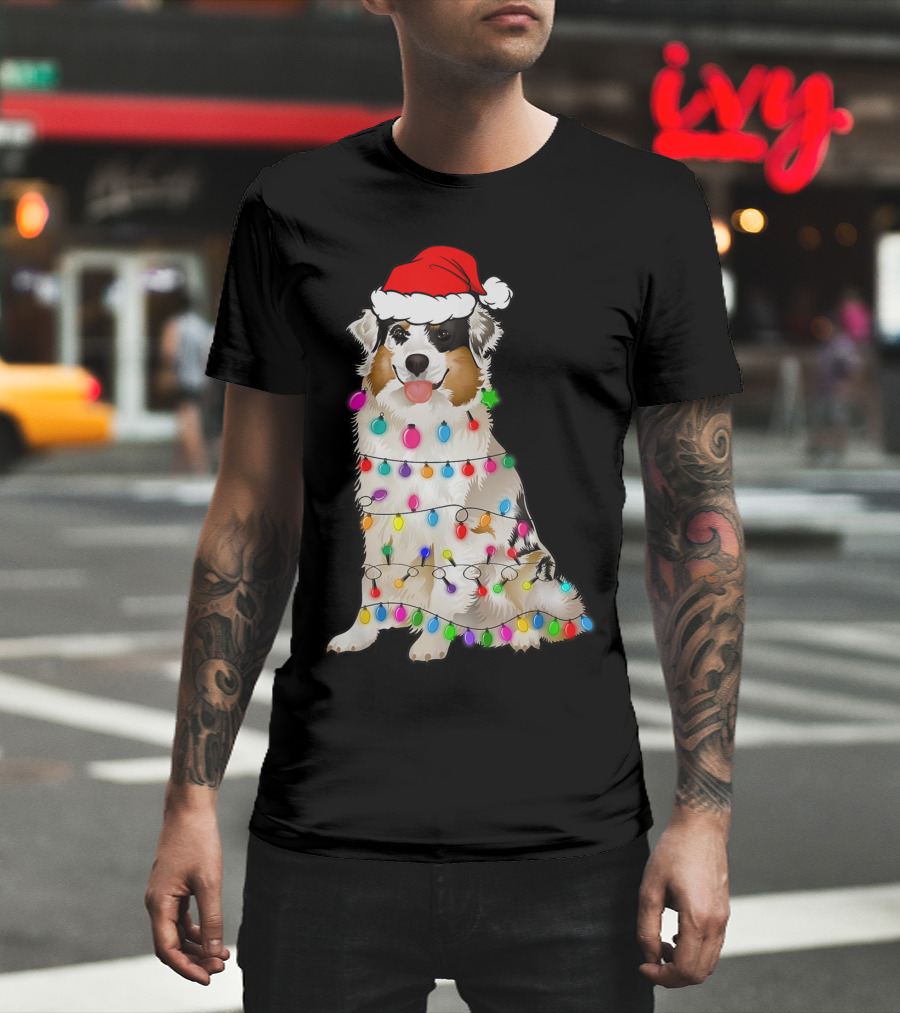 Australian Shepherd Wrapped In Christmas Lights With Santa Hat T-Shirt