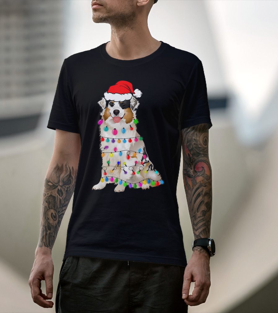Australian Shepherd Wrapped In Christmas Lights With Santa Hat T-Shirt