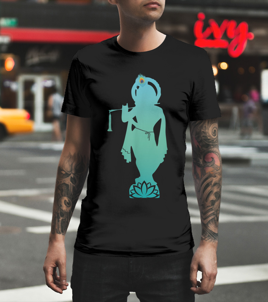 Divine Glory Lord Krishna Flute Silhouette With Peacock Feather And Lotus T-Shirt