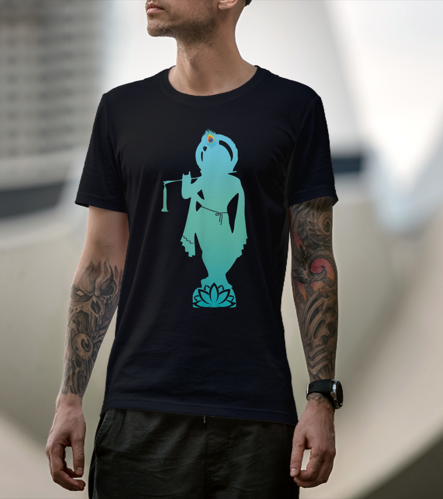 Divine Glory Lord Krishna Flute Silhouette With Peacock Feather And Lotus T-Shirt