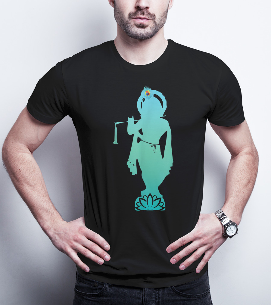 Divine Glory Lord Krishna Flute Silhouette With Peacock Feather And Lotus T-Shirt