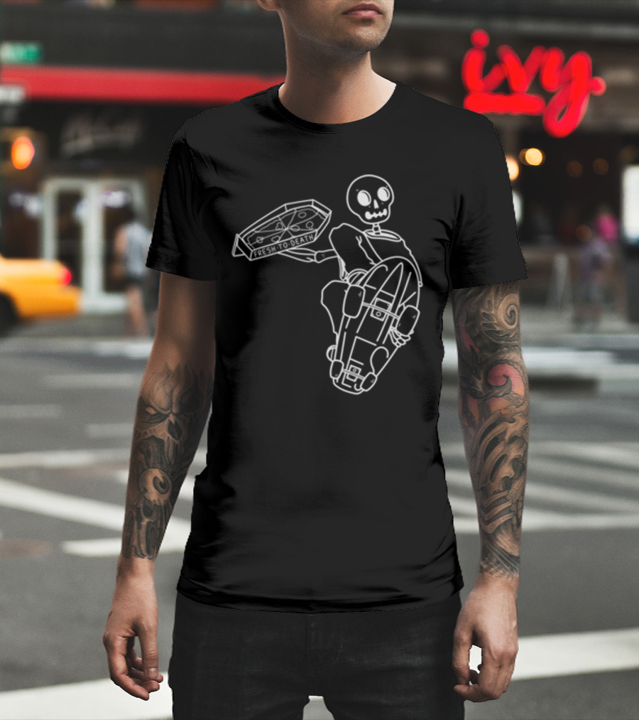 Fakie's Pizza Fresh To Death Skelly Skateboard T-Shirt