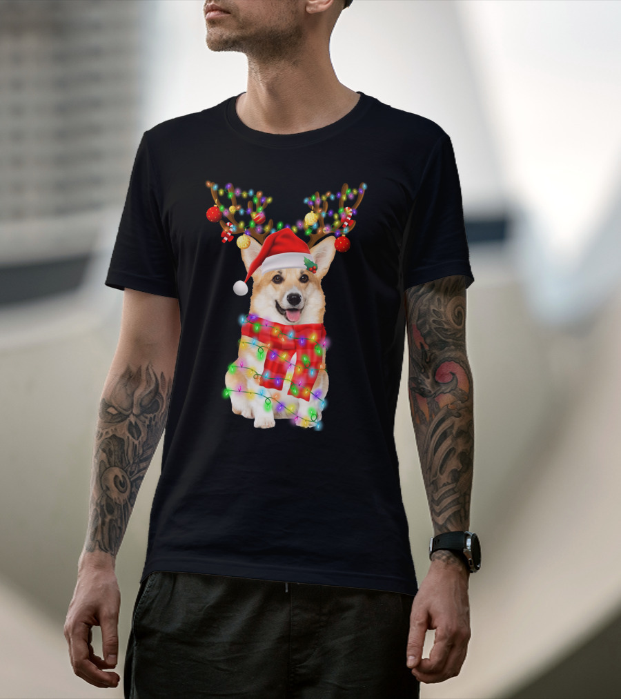 Funny Christmas Corgi Reindeer With Santa Hat And Festive Lights T-Shirt