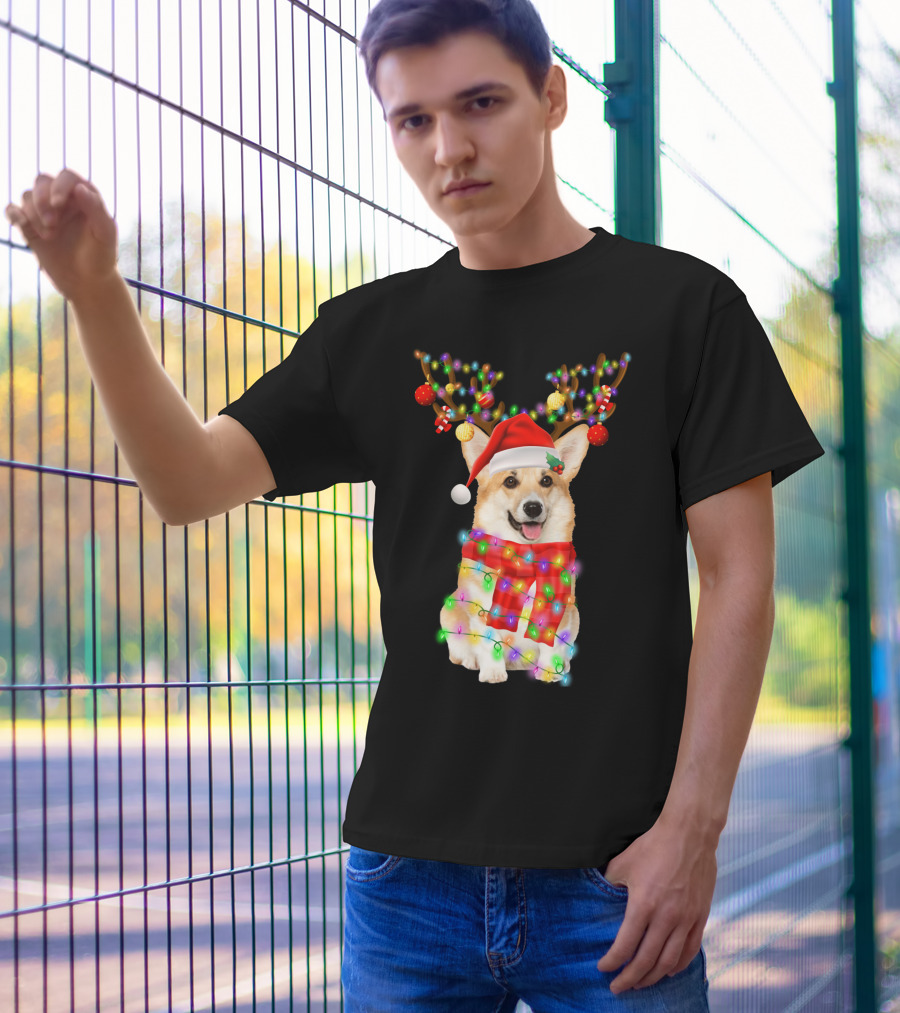Funny Christmas Corgi Reindeer With Santa Hat And Festive Lights T-Shirt