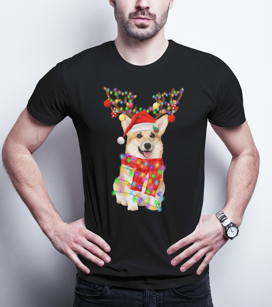 Funny Christmas Corgi Reindeer With Santa Hat And Festive Lights T-Shirt