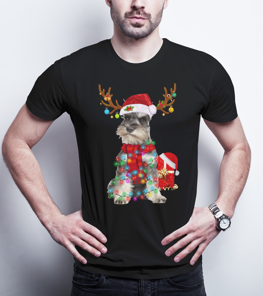 Funny Santa Hat Reindeer Miniature Schnauzer Christmas Lights T-Shirt