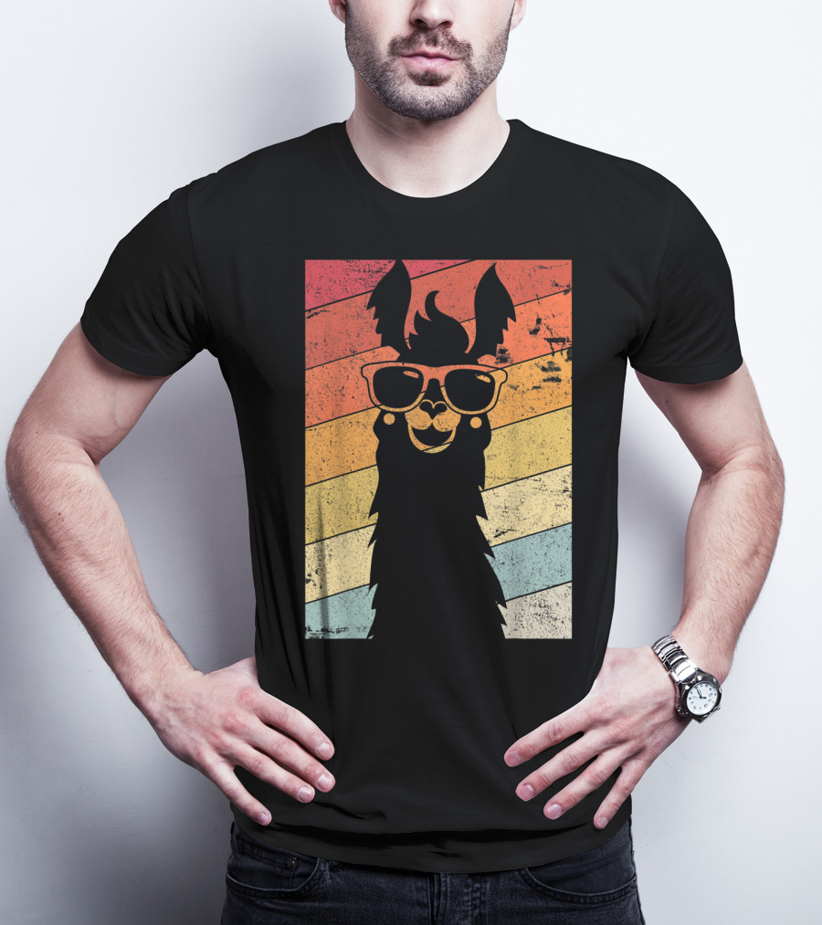 Retro Llama Style Alpaca With Sunglasses On Colorful Stripes T-Shirt