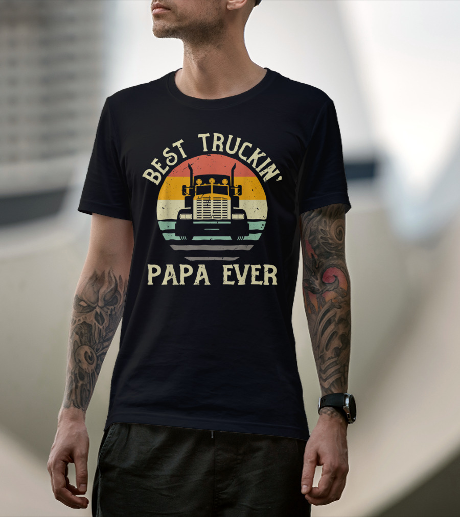 Best Truckin' Papa Ever Vintage Sunset Truck T-Shirt