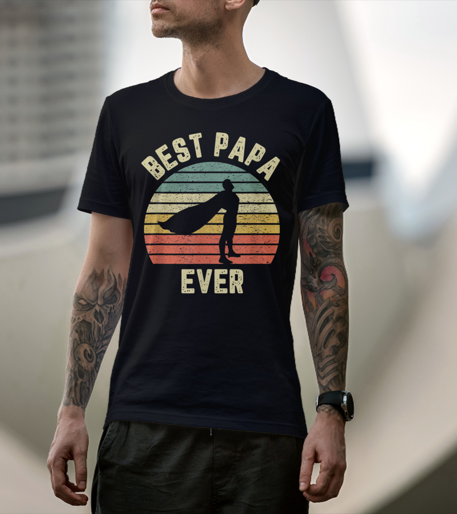 Best Papa Ever Superhero Vintage Retro Stripes T-Shirt