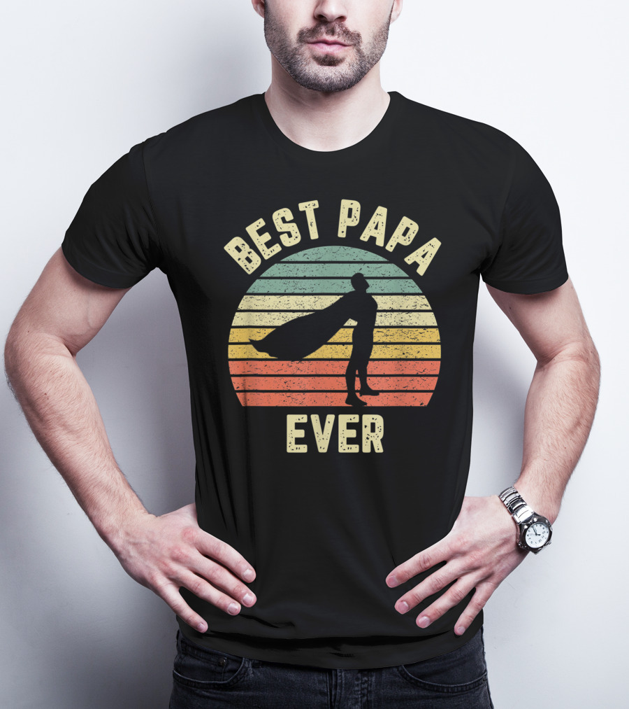 Best Papa Ever Superhero Vintage Retro Stripes T-Shirt