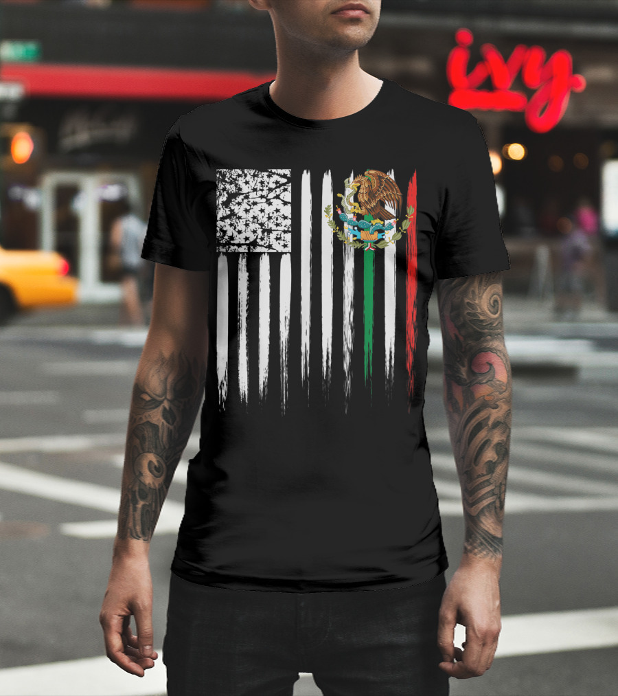 Mexican American Flag With Eagle And Serpent Symbol On Distressed Stripes T-Shirt