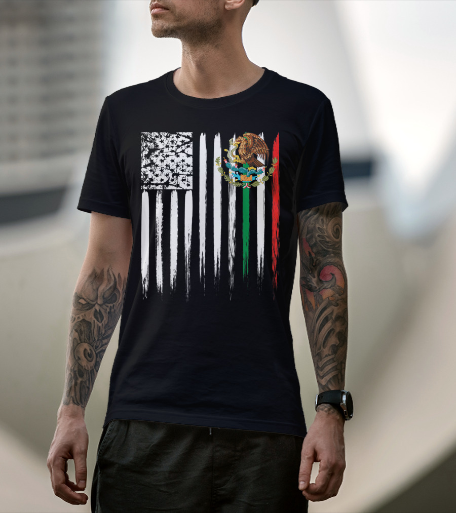 Mexican American Flag With Eagle And Serpent Symbol On Distressed Stripes T-Shirt