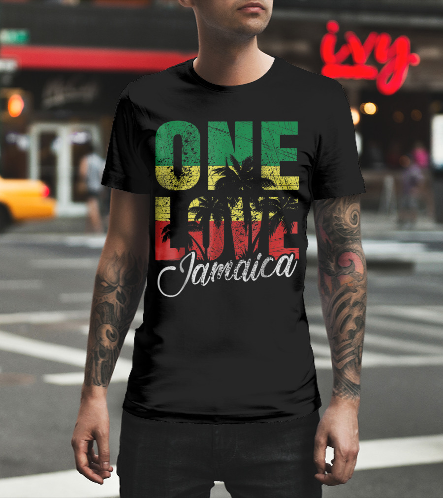 One Love Jamaica Caribbean Vacation Reggae Colors Palm Trees T-Shirt