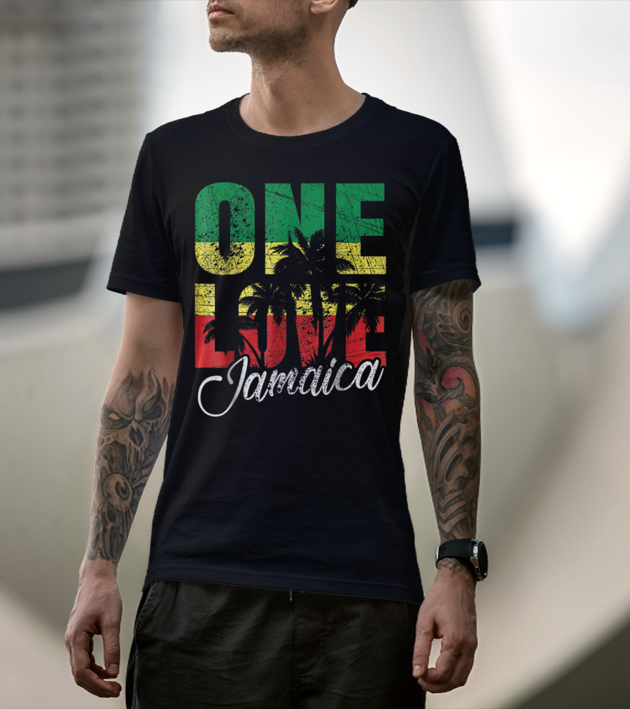 One Love Jamaica Caribbean Vacation Reggae Colors Palm Trees T-Shirt