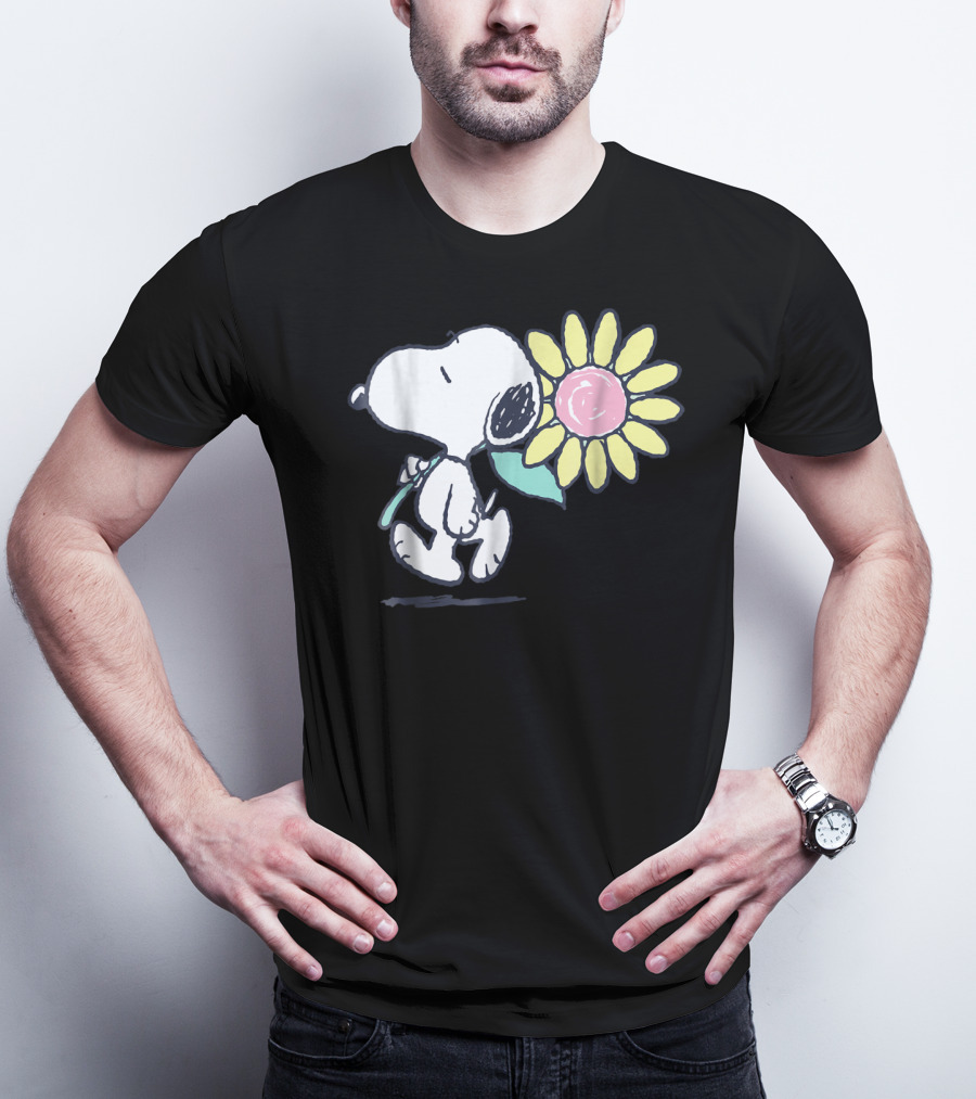 Peanuts Snoopy Walking With Pink Daisy Flower T-Shirt