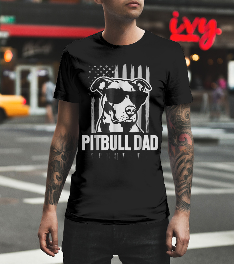 Pitbull Dad Mens Proud American Pit Bull Dog With Sunglasses And Flag T-Shirt