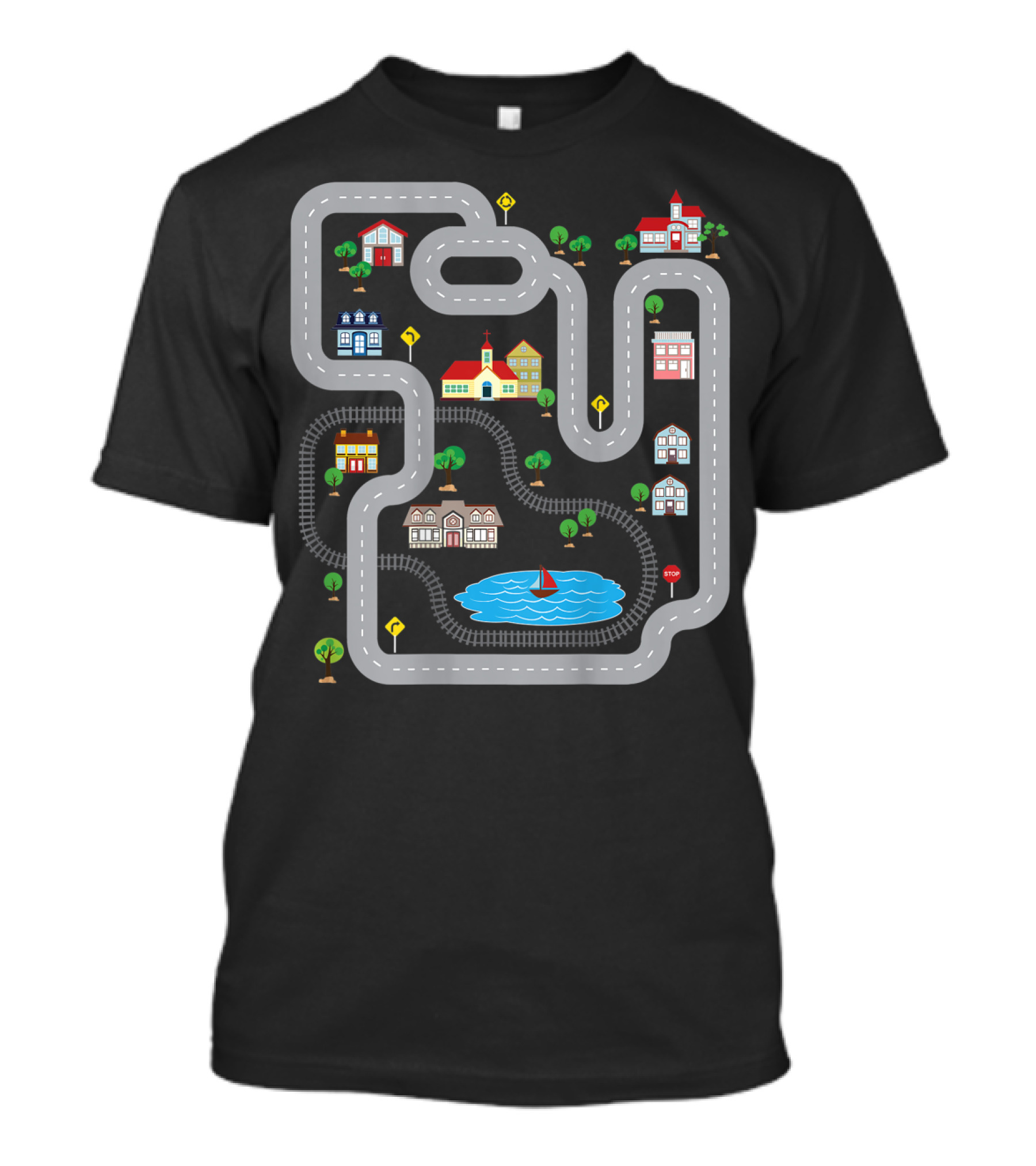 Playmat Road With Train Track And Car Race Route Through Town T-Shirt