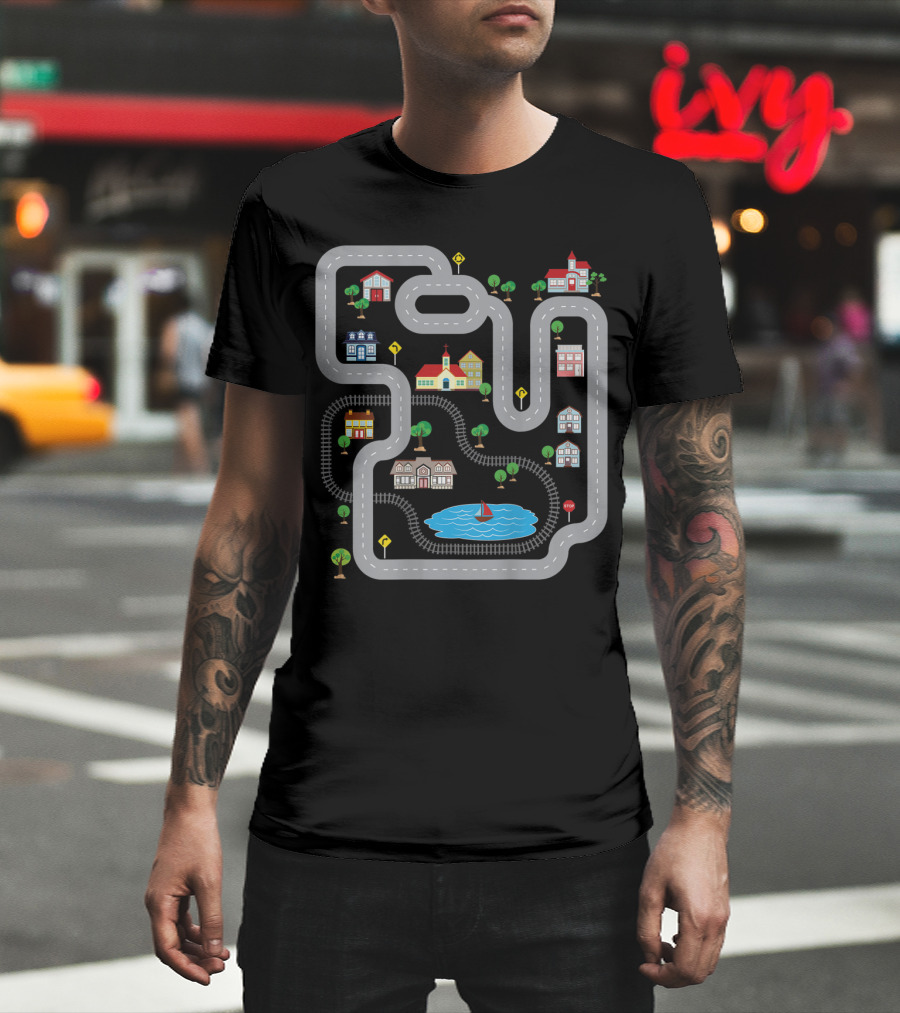 Playmat Road With Train Track And Car Race Route Through Town T-Shirt