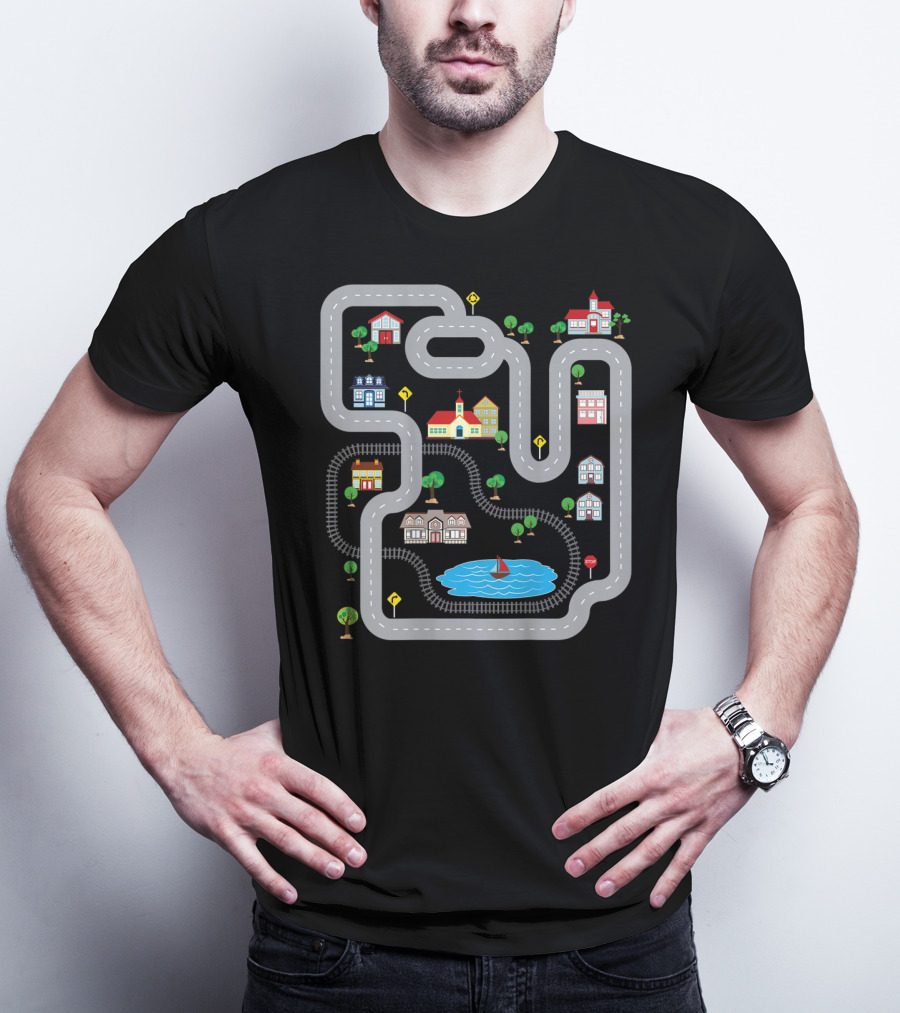 Playmat Road With Train Track And Car Race Route Through Town T-Shirt