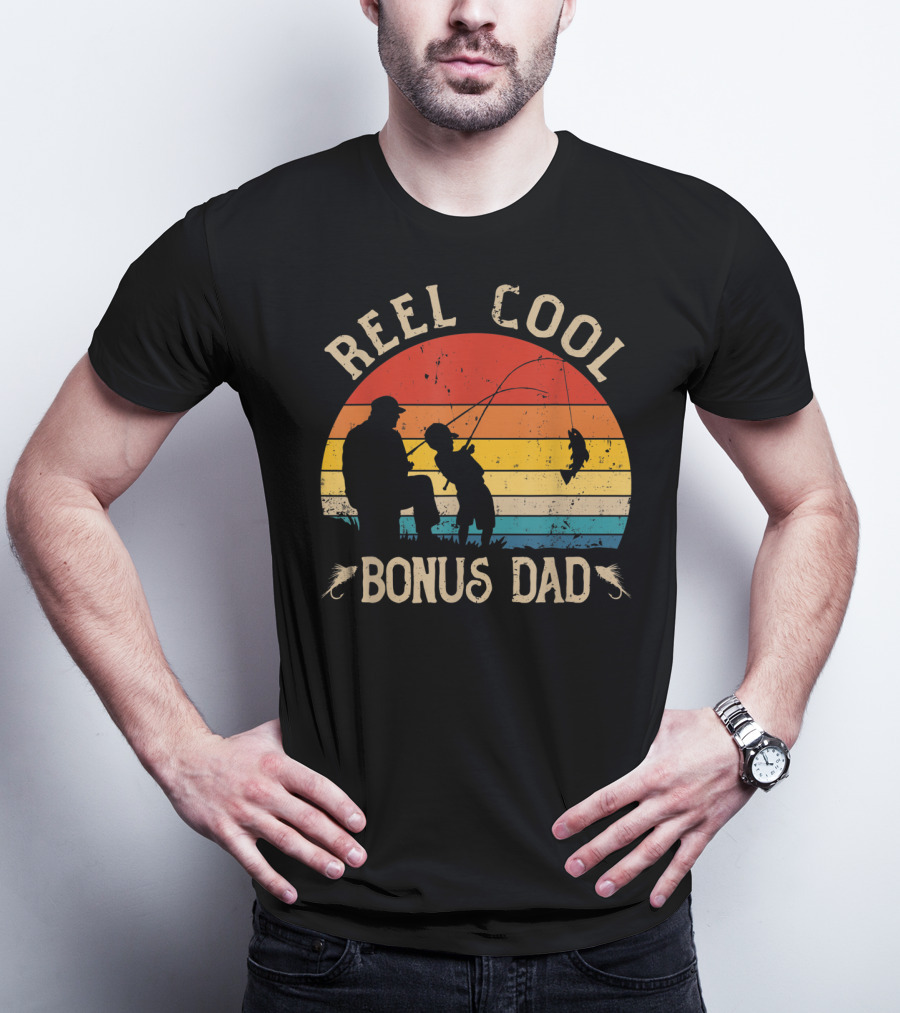 Reel Cool Bonus Dad Fishing Vintage Sunset T-Shirt