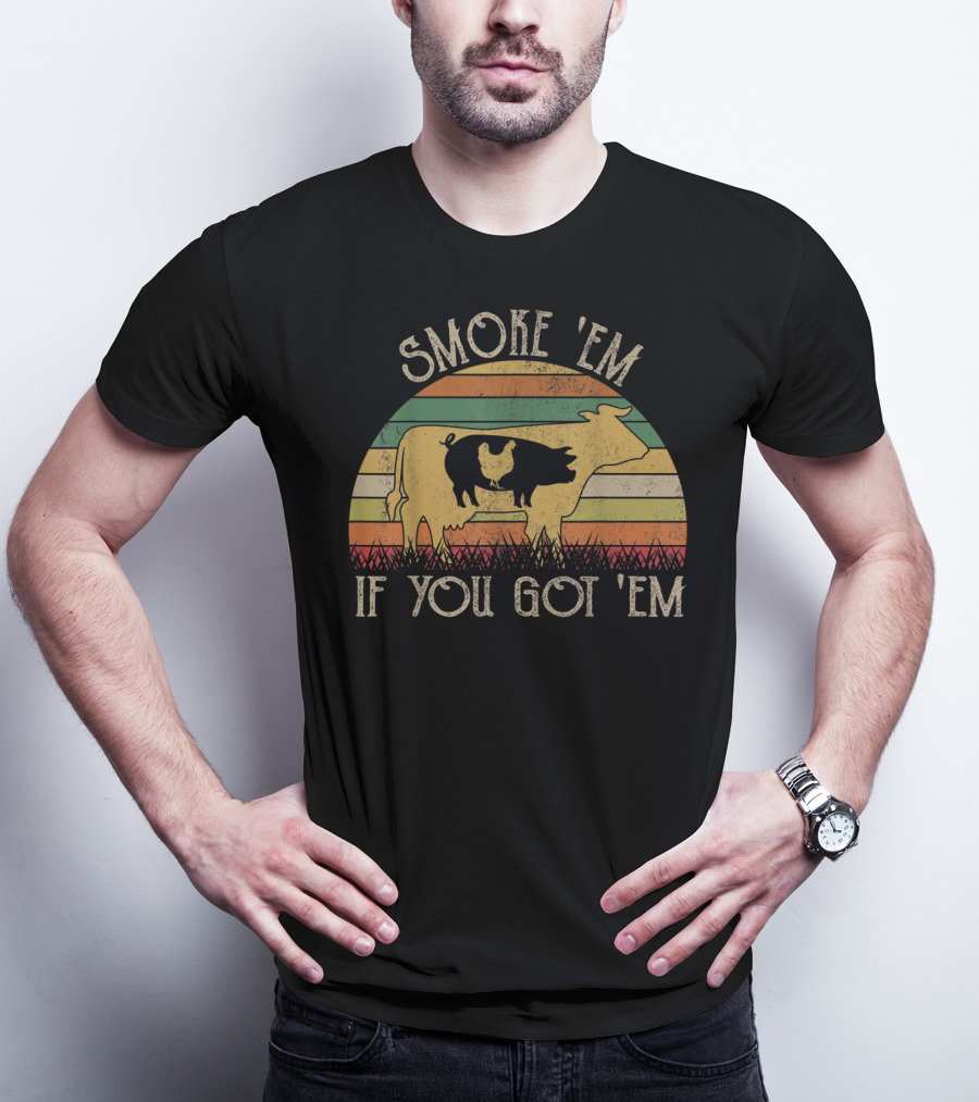 Retro Smoke 'Em If You Got 'Em BBQ Grilling Cow Chicken Smoky Sunset Stripes T-Shirt