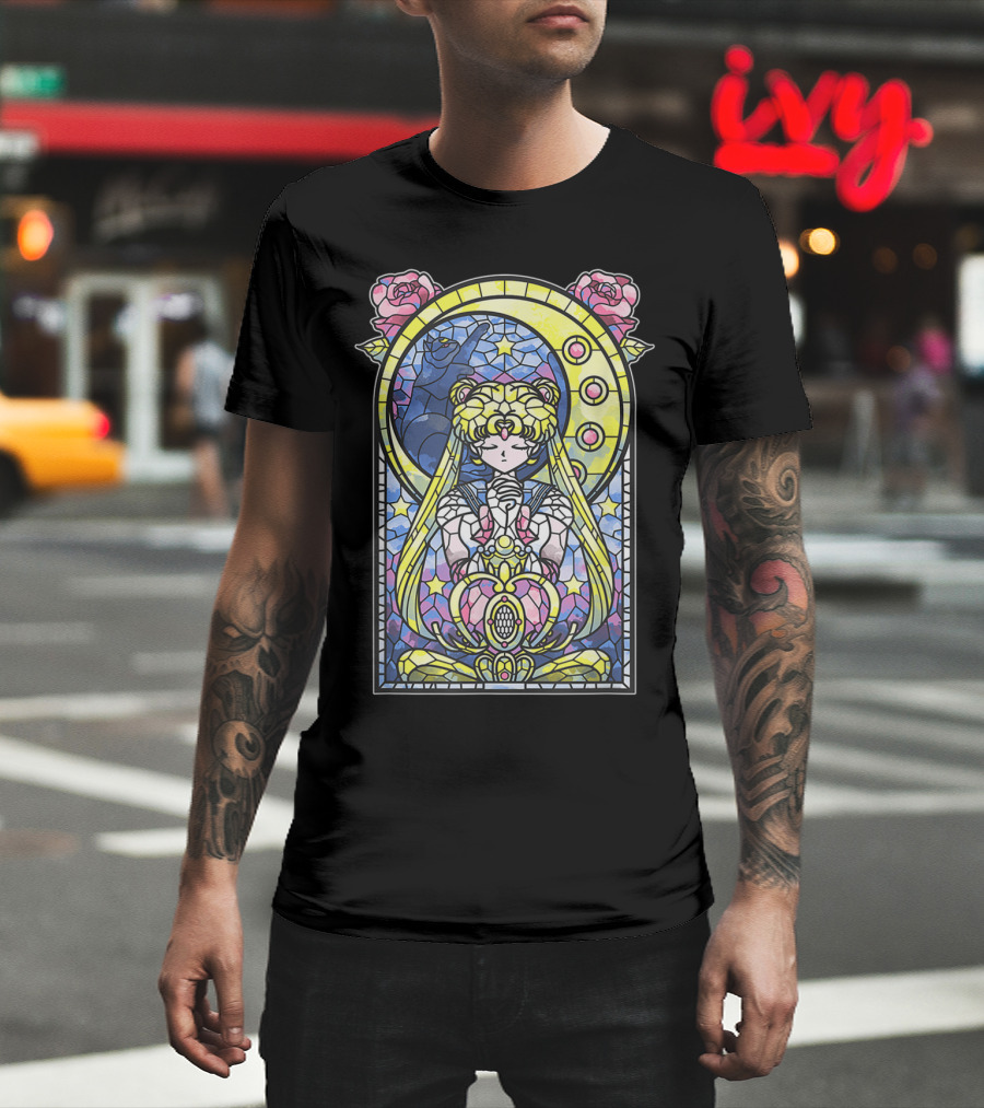 Sailor Moon Blessing Stained Glass Style Roses And Moon Phases T-Shirt