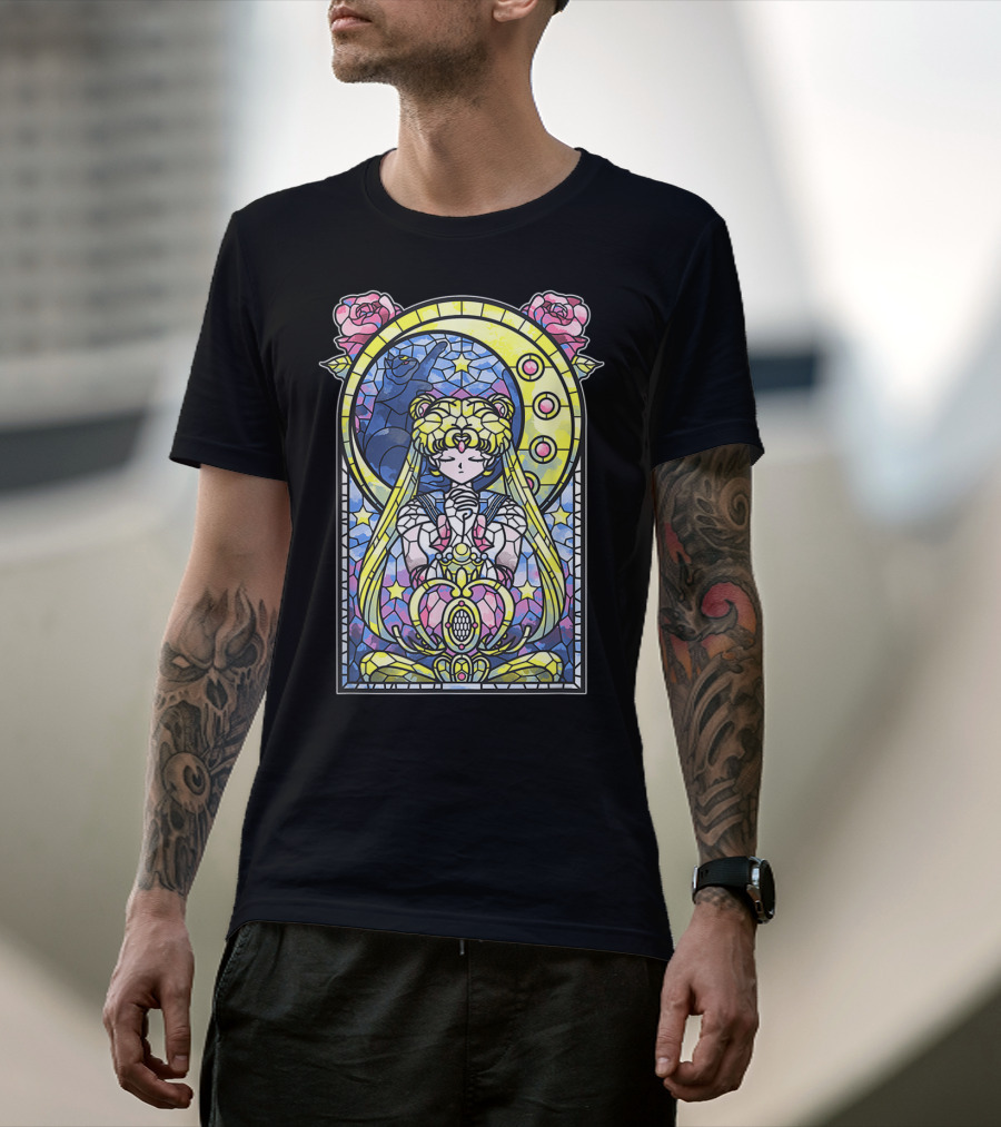 Sailor Moon Blessing Stained Glass Style Roses And Moon Phases T-Shirt